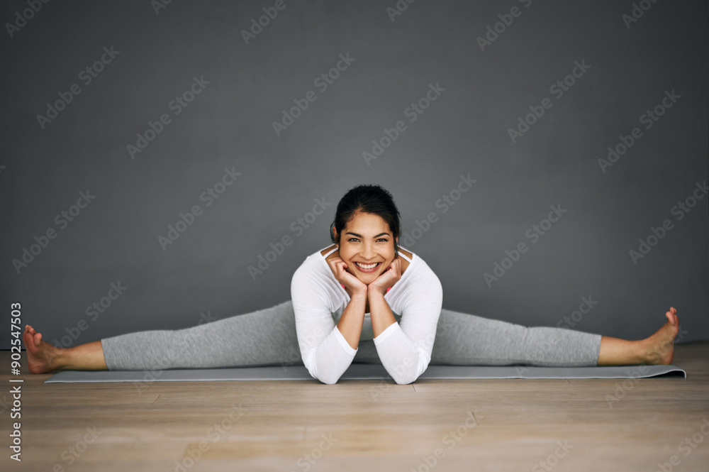 Woman, yoga and house portrait in splits, pilates and wall background ...
