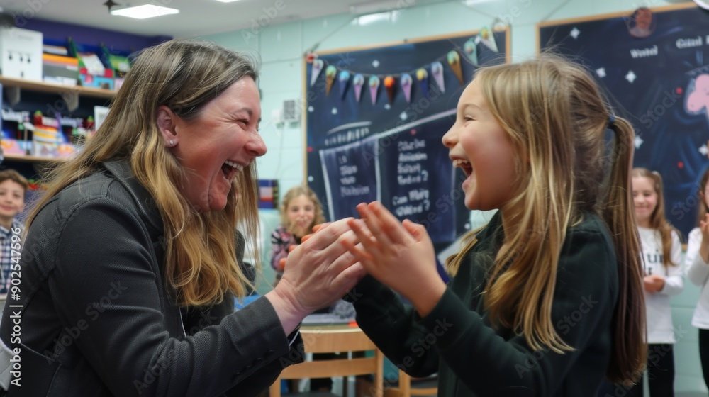 Happy pupils greeting their teacher as they enter the classroom ...