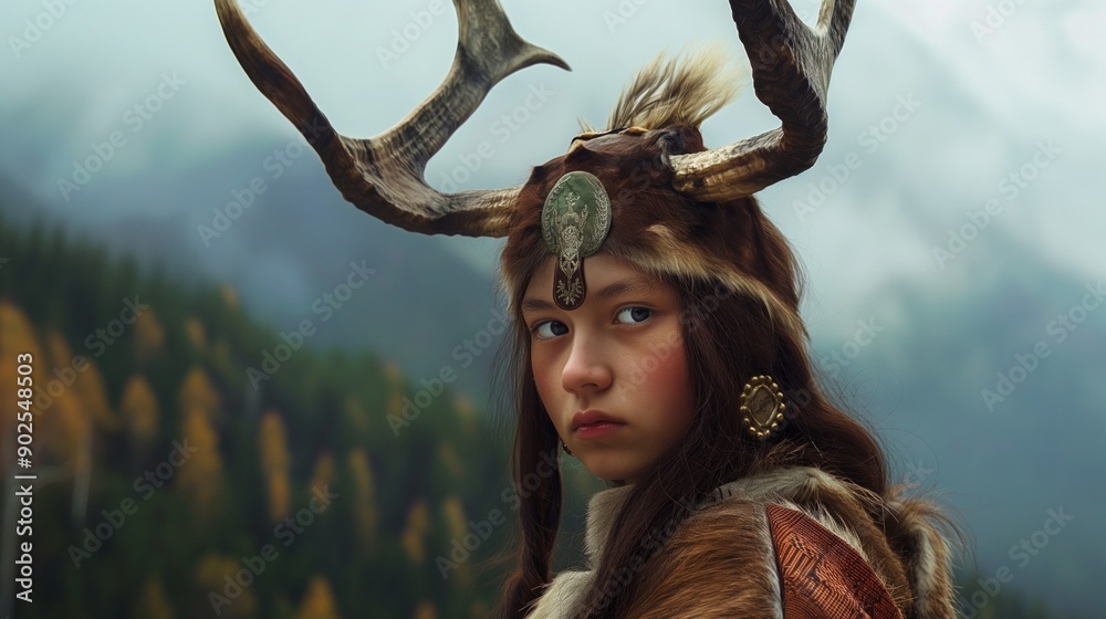 Young daughter of a shaman from the Tibetan mountains dressed in ...