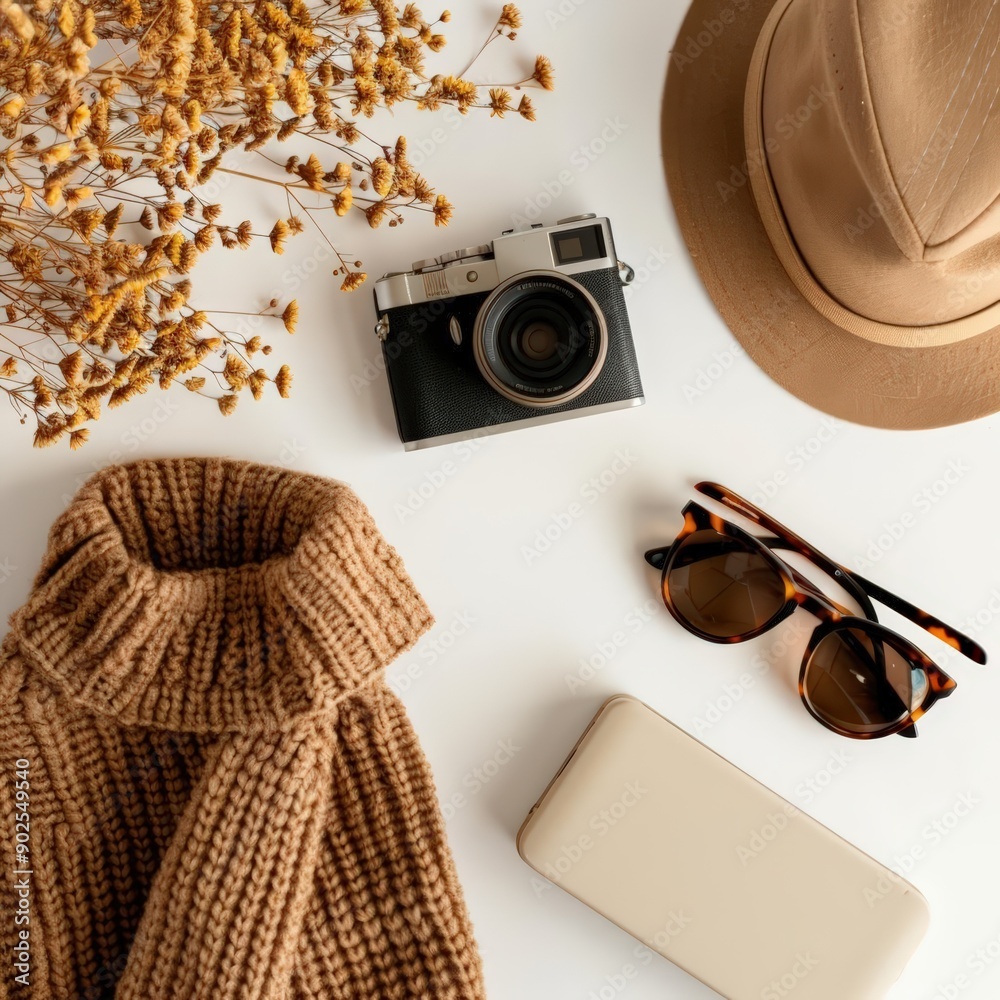 Content creator arranging a stylish flat lay photo shoot, content ...