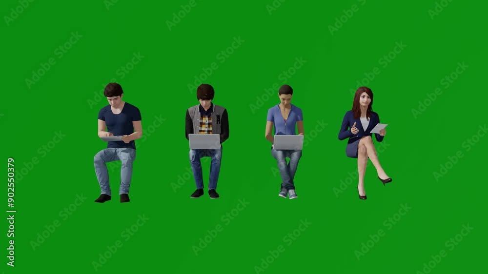 3D people green screen, 4 European men are sitting and working with a ...