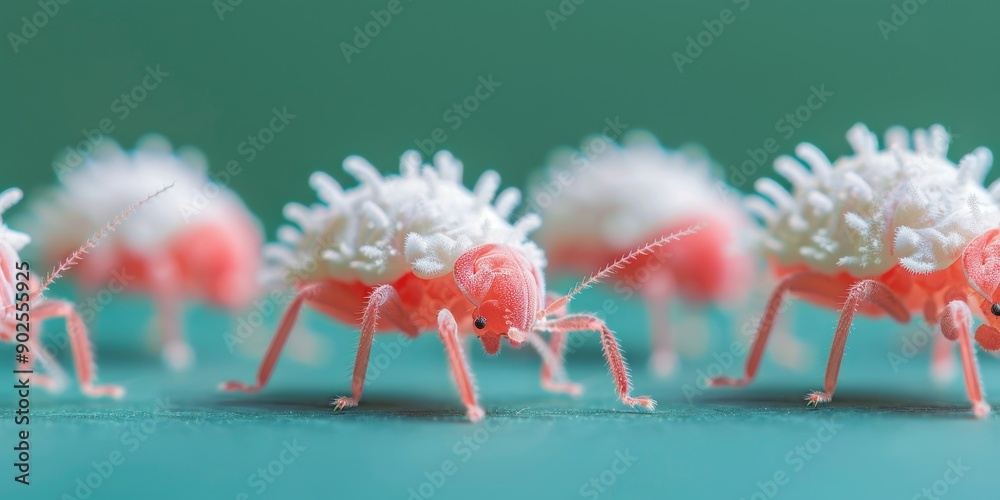macro graphy of pink and white mealybugs crawling on a green surface ...