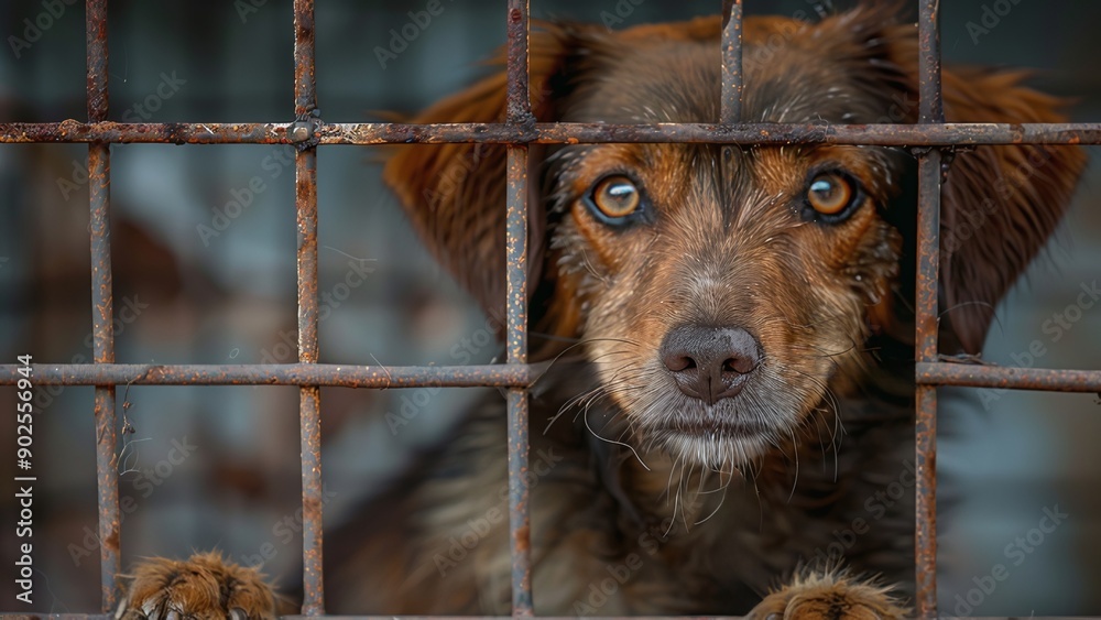 Sad Abandoned Dog in Shelter Behind Rusty Cage - Haunting Animal ...
