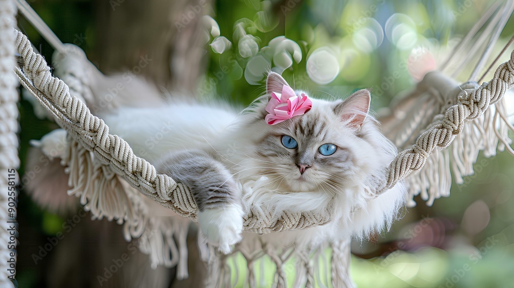 cute ragdoll cat with blue eyes and white and gray fur with a pink bow ...