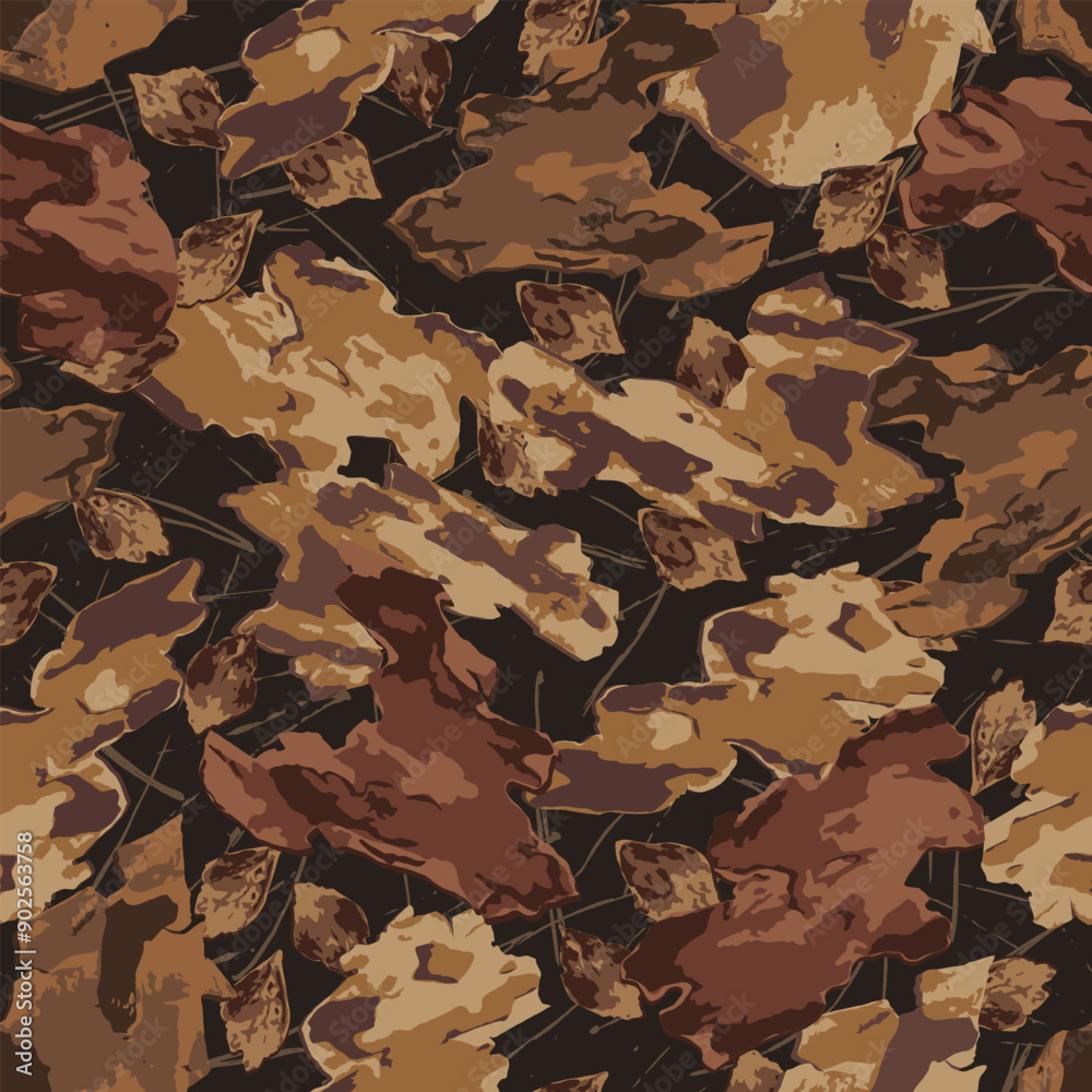 Seamless camouflage pattern with forest litter, nature elements. Dry pine needles, bark pieces ...