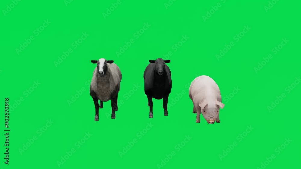3D animals green screen, three white, black and gray sheep eating while ...