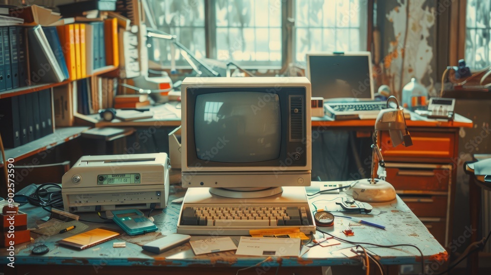 Vintage desktop computer on cluttered desk in retro office setting with ...