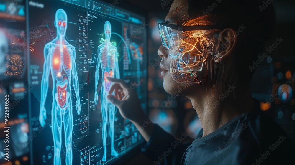 A person using AR to visualize anatomy, with digital overlays showing ...