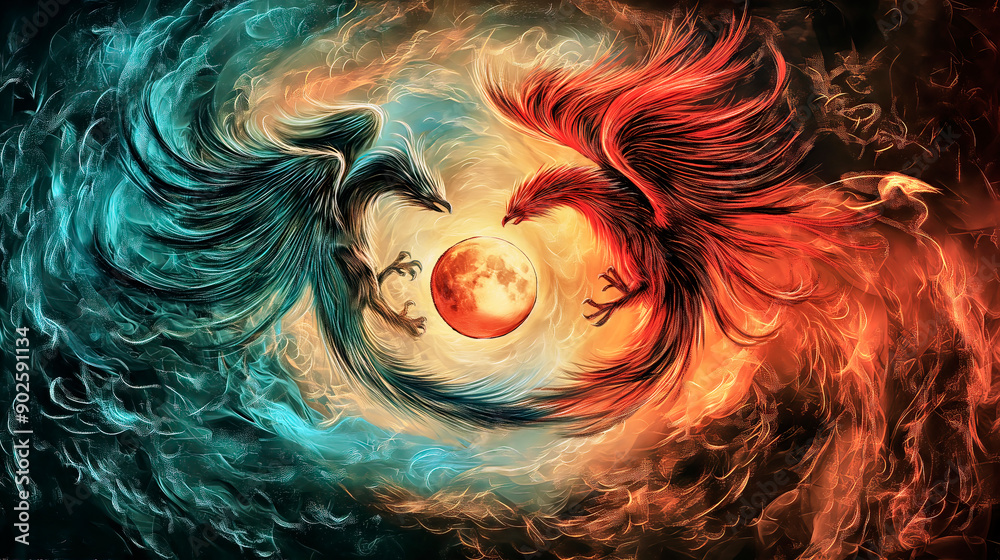 Two phoenix birds, one ice and one fire, are fighting over a blood moon ...