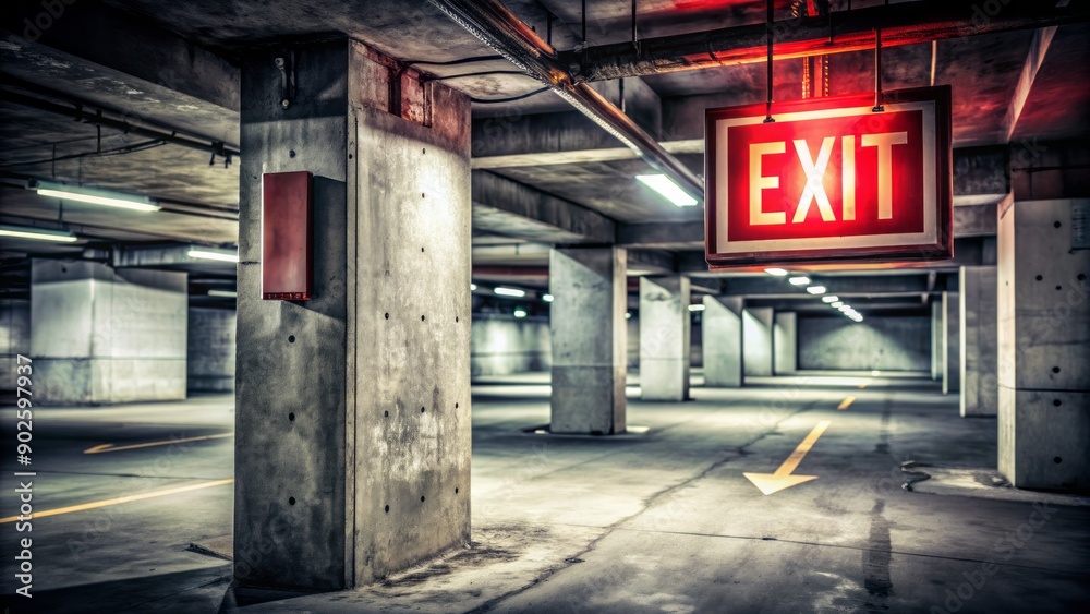 Retro-style exit sign icon on a worn-out concrete wall in a deserted ...