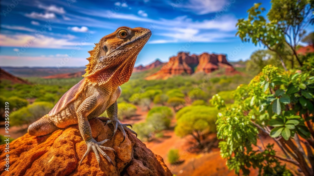 Magnificent frilled lizard perches on a rusty red rock formation amidst ...