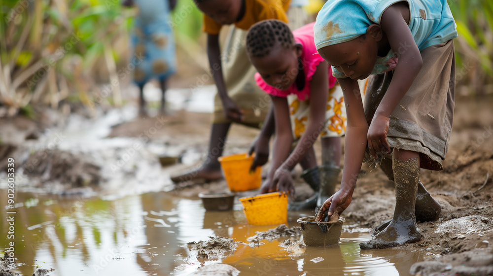 Children collecting dirty water from a muddy pond, highlighting water ...