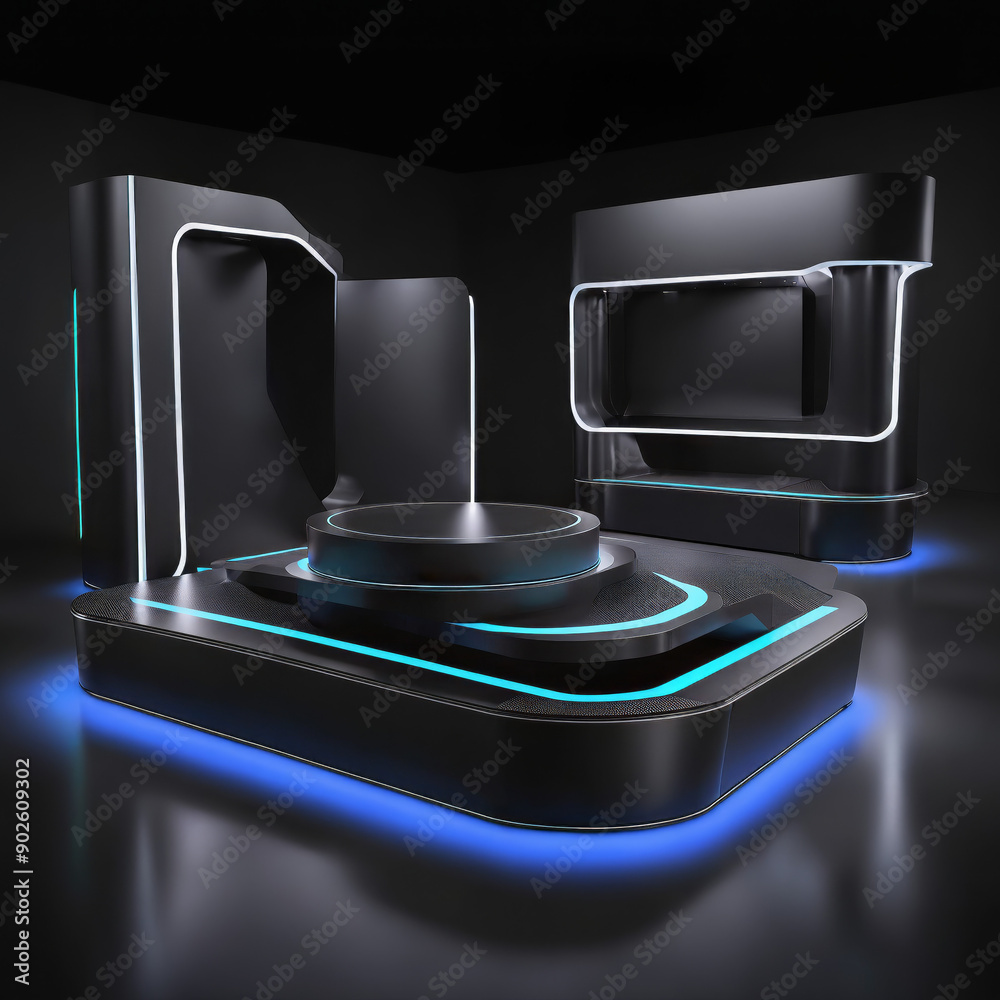 black futuristic carbon podium, horizontal product stand with product ...