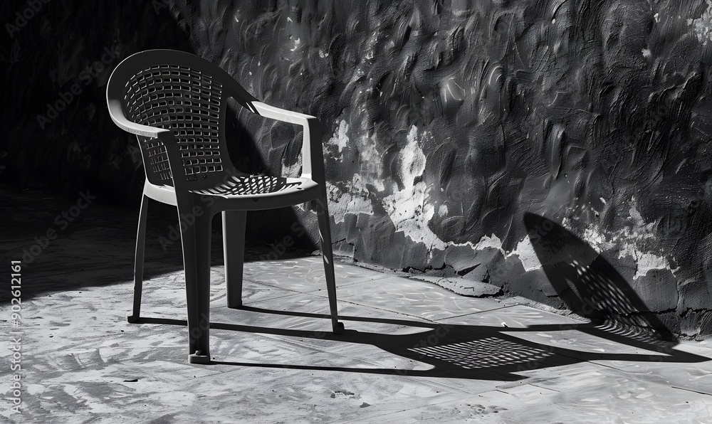 Dramatic black and white photograph of a plastic garden chair casting a ...
