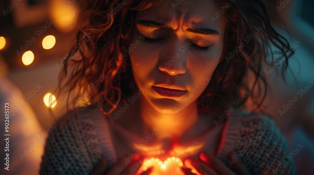 The character's face shows pain, hands covering their chest, furrowed ...