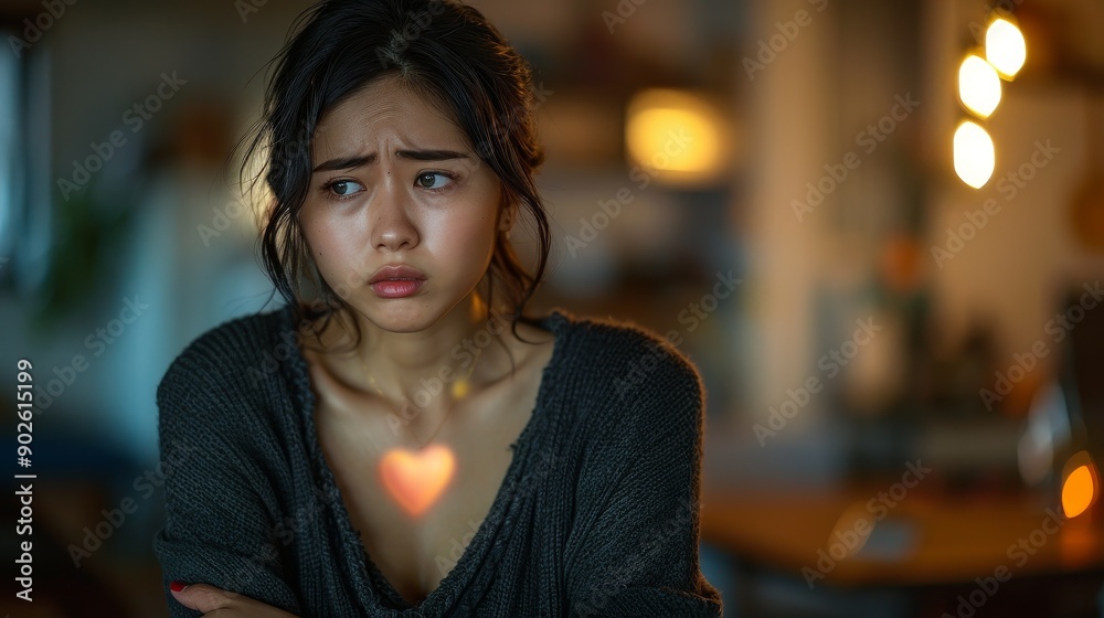 The character's face shows pain, hands covering their chest, furrowed ...
