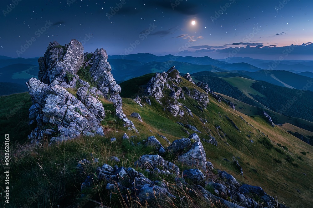 stony structure on a verdant slope. Gorgeous view of Runa Mountain ...