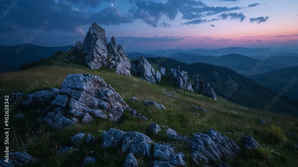 stony structure on a verdant slope. Gorgeous view of Runa Mountain ...