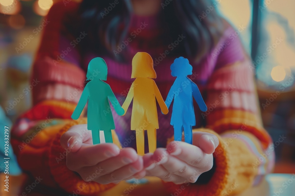 A woman is holding three paper dolls in her hand. The dolls are of ...