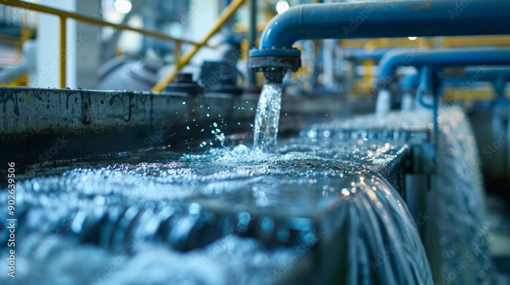 Complex machinery operates efficiently, filtering wastewater and ... Complex machinery operates efficiently, filtering wastewater and ...