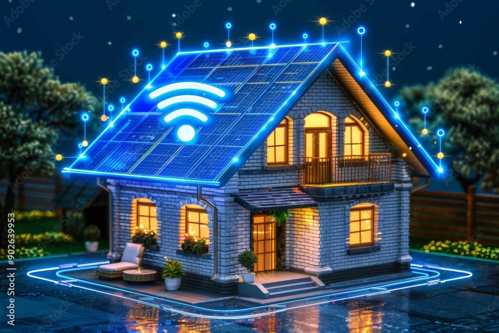 Smart house with blue Wi Fi symbol representing connectivity and modern ...
