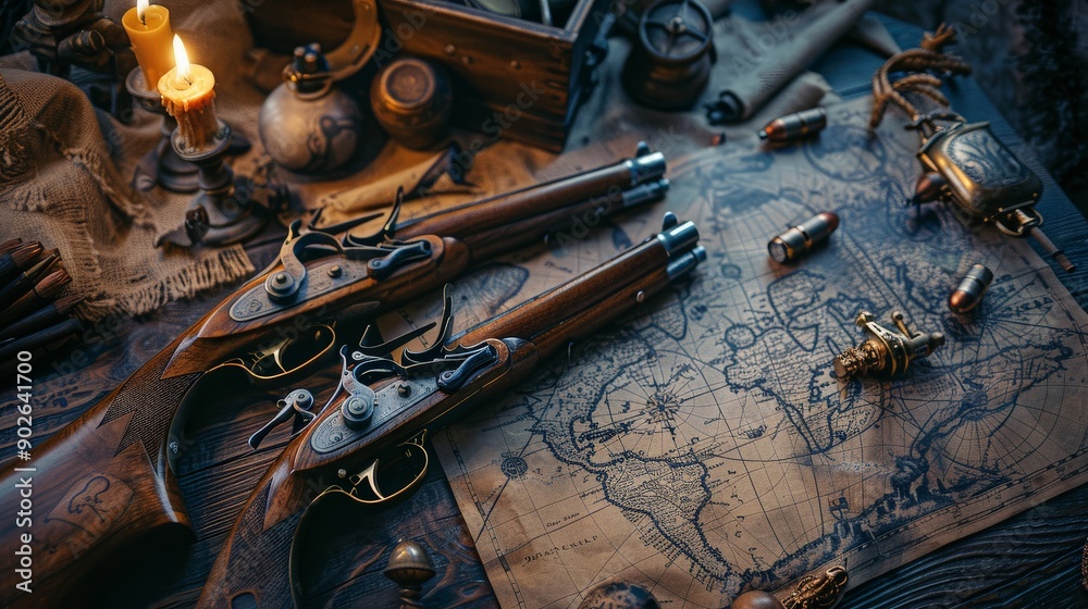 A dramatic scene of flintlock pistols and a pirate map on an old table ...
