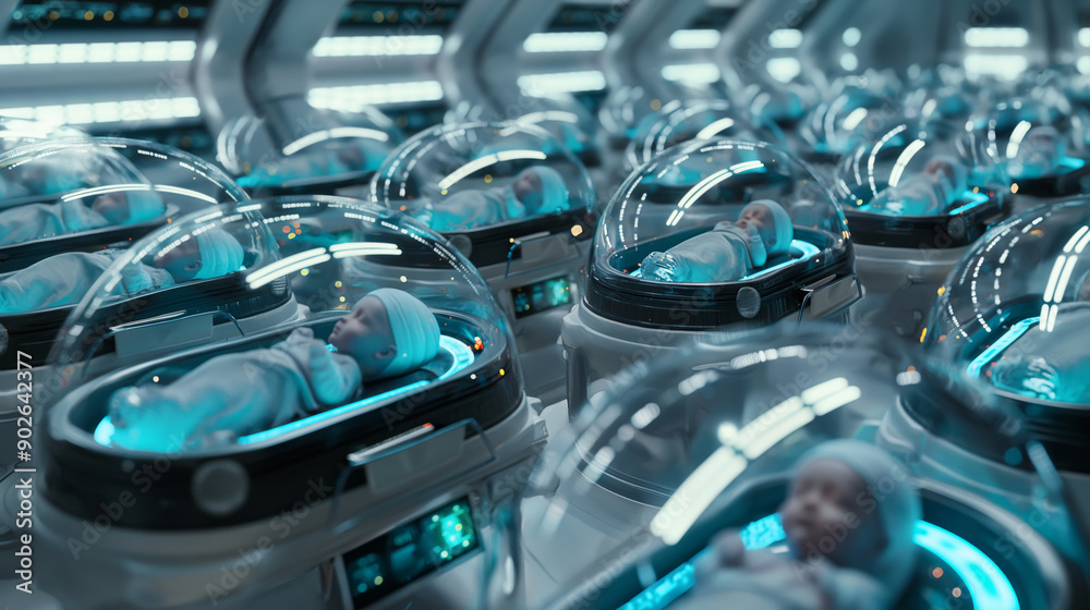 Artificial life. Fully developed human fetus in glass container. An ...