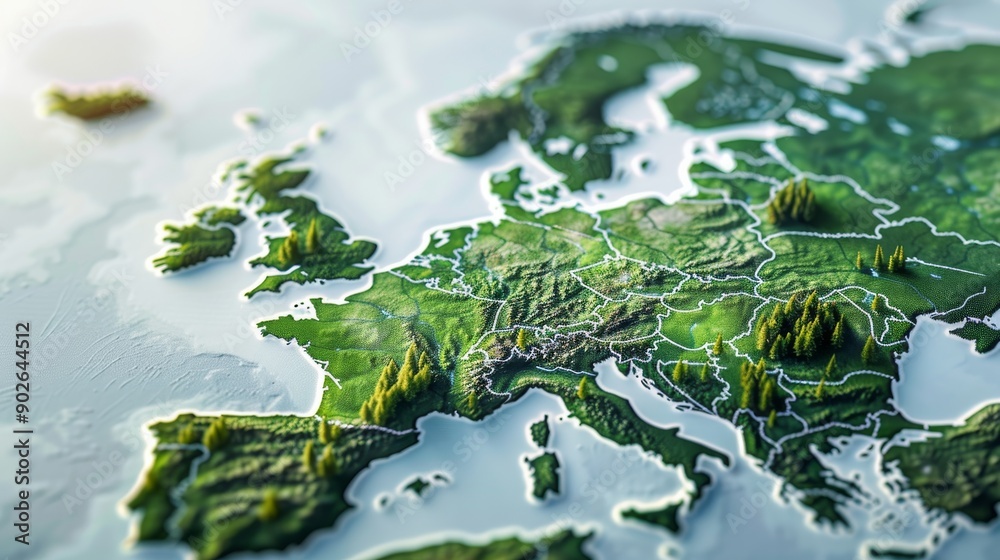 A detailed map of Europe showcases regions highlighted in green ...