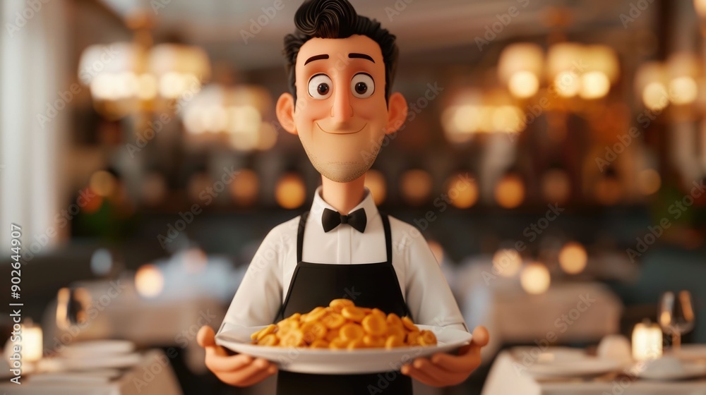 Animated 3D waiter character in uniform serving a plate of food at a ...
