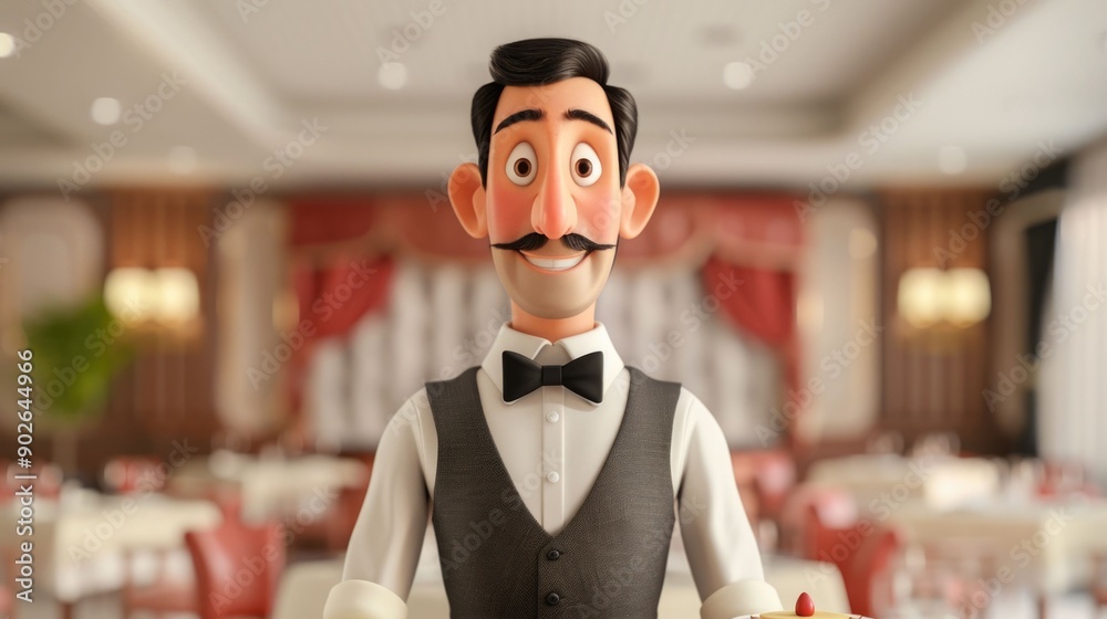 Animated 3D waiter character in formal tuxedo attire serving gourmet ...