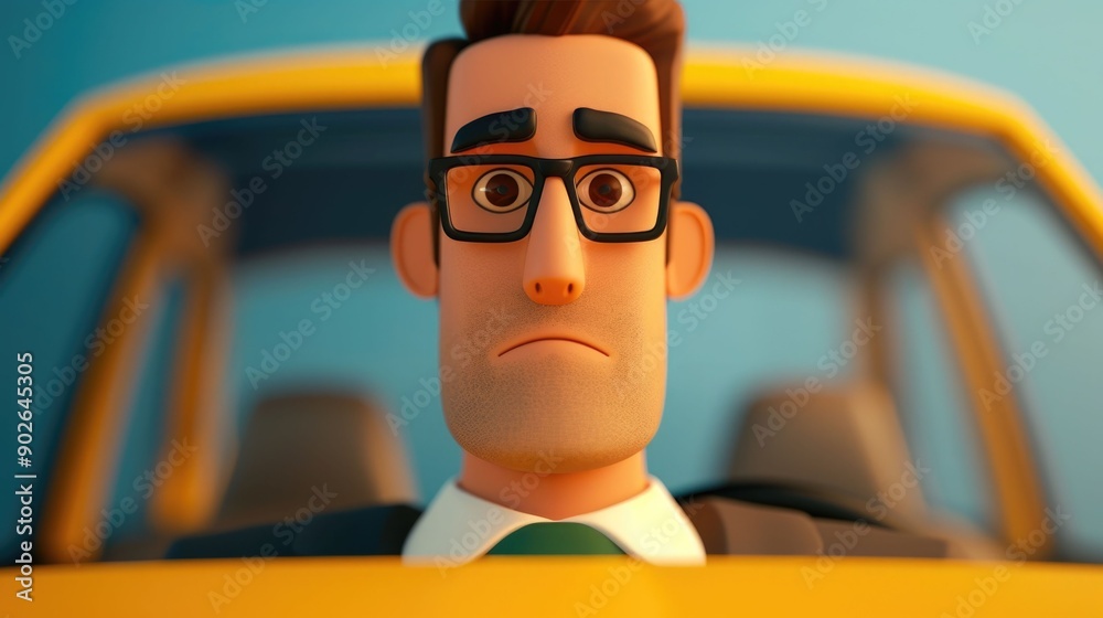 Animated 3D of a yellow taxi cab driver character navigating a busy ...