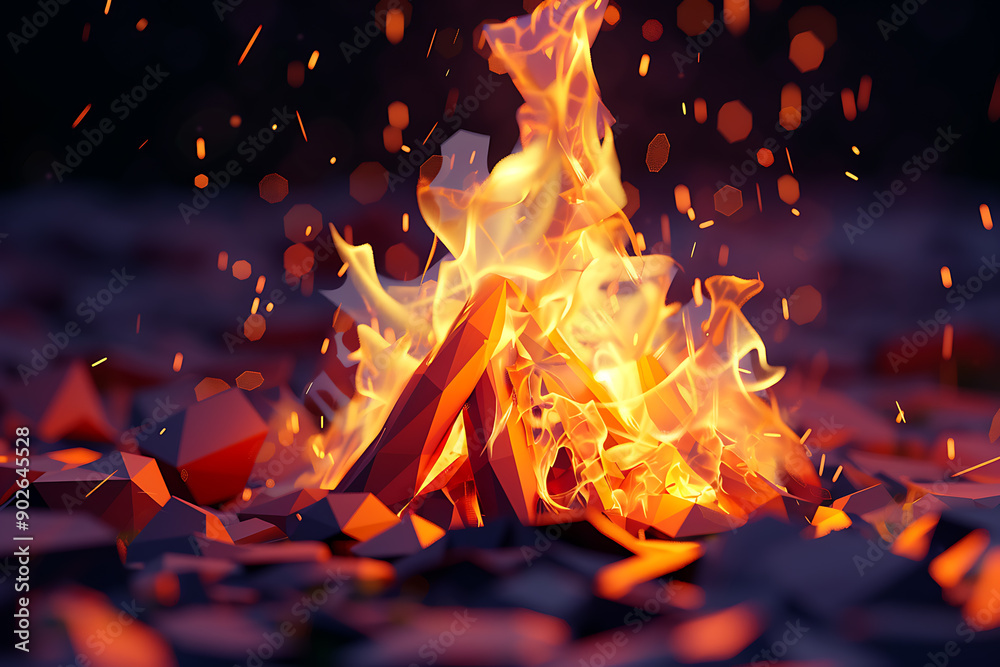An illustration of fire in 3D low poly style. The design features ...