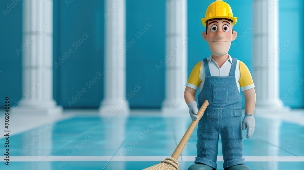 Animated 3D janitor character in blue uniform sweeping the floor with a ...