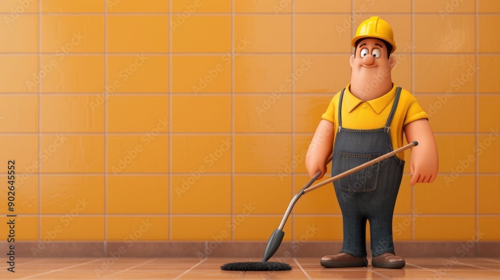 Animated 3D janitor character in uniform and safety helmet sweeping the ...