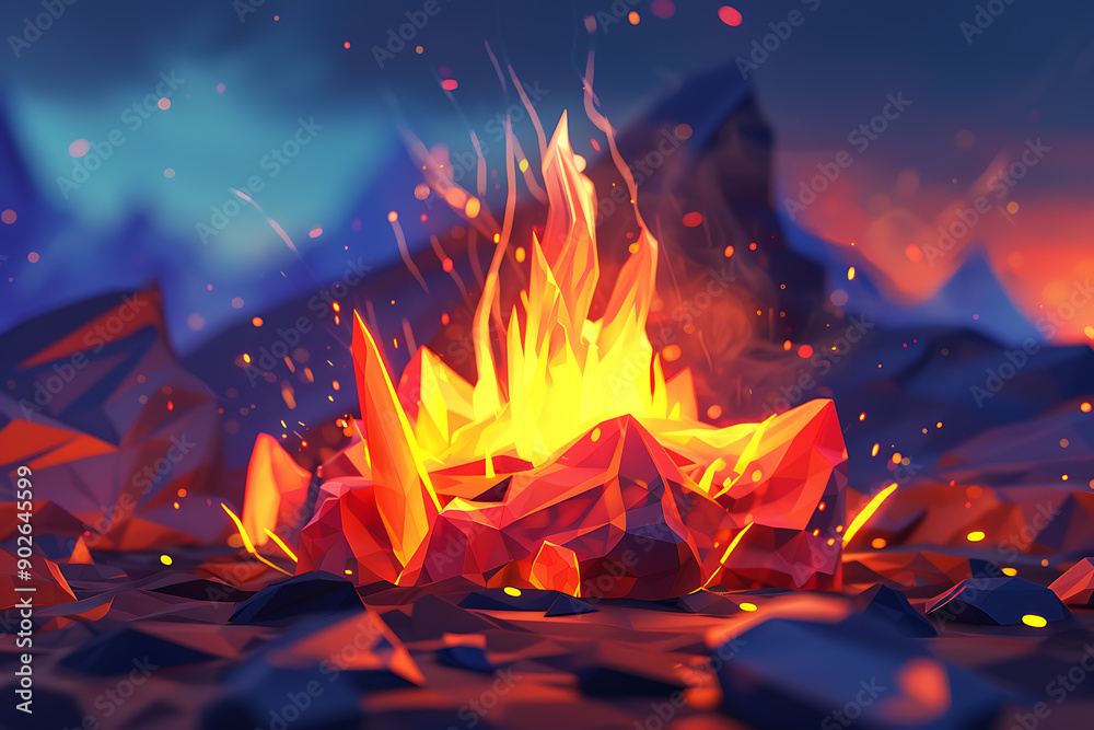 An illustration of fire in 3D low poly style. The design features ...