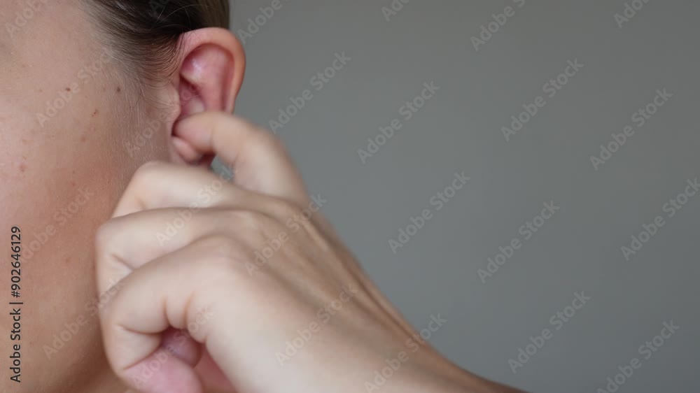 Young caucasian woman scratching her ear with the finger on a dark gray ...