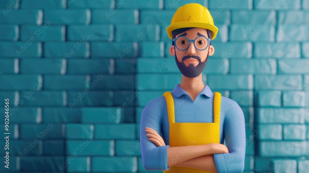 Animated 3D architect character standing in a workspace wearing a hard ...