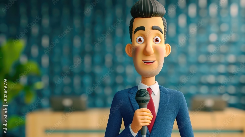 Cartoon 3D animated journalist character holding a microphone and ...