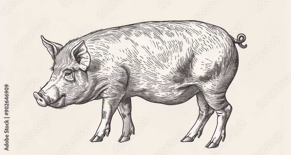 Pig, hog, boar. Vintage retro print, black white pig sketch ink pencil ...