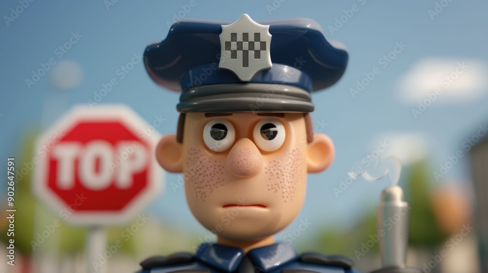 Cartoon 3D Police Officer Directing Traffic with Whistle and Stop Sign ...