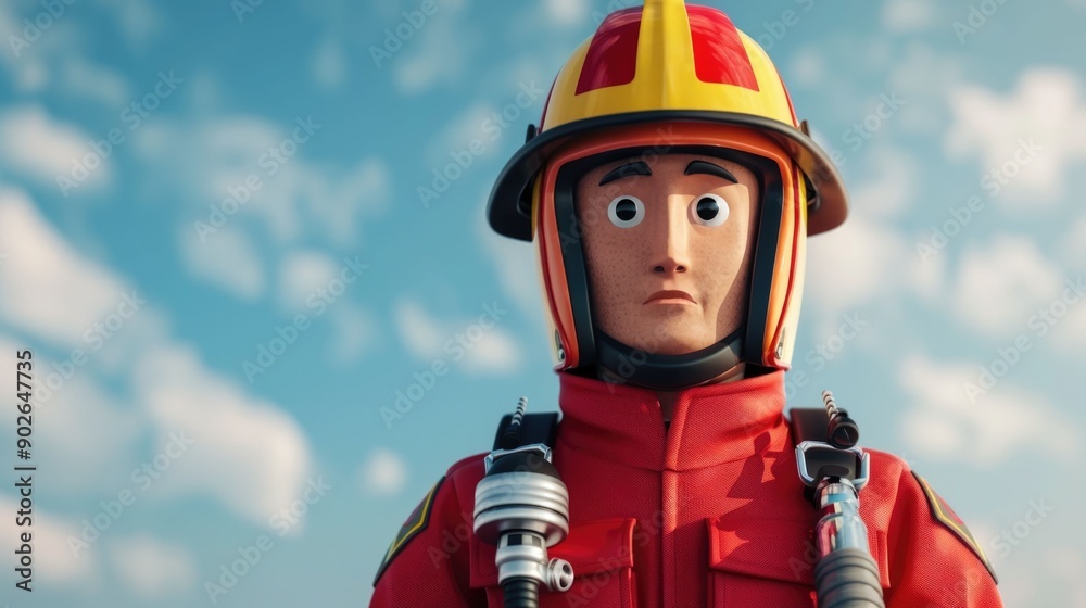 Animated 3D Firefighter Character Wearing Protective Uniform Holding ...