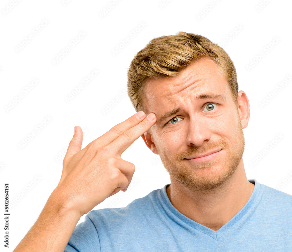 Man, finger gun and head in studio portrait with mock up space for ...