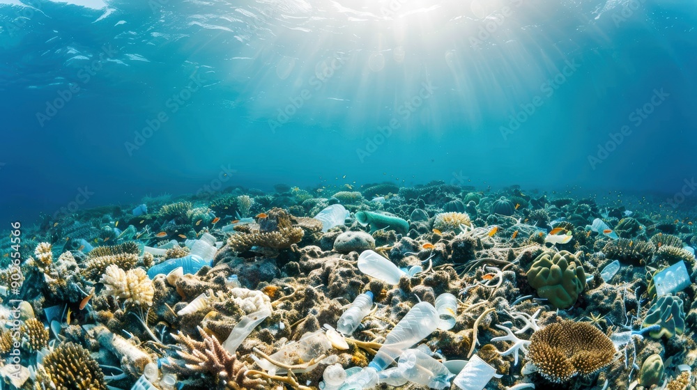 Visual representation of a coral reef littered with plastic waste ...