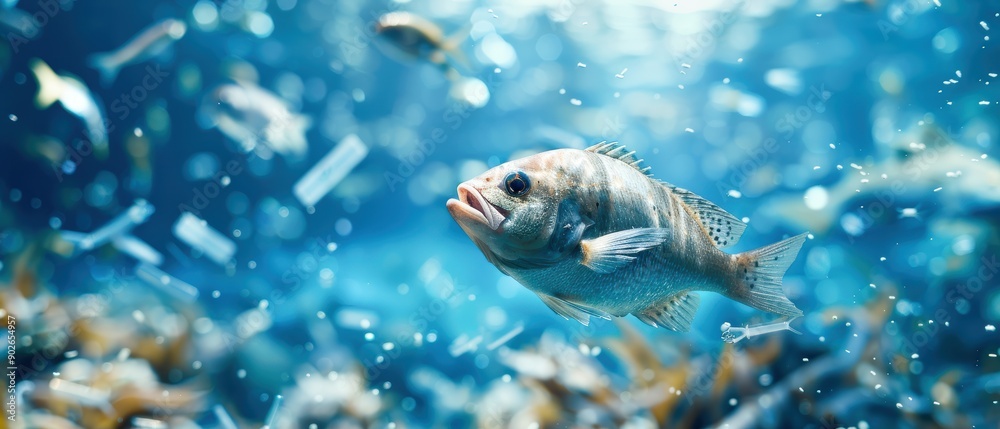 Image of a fish swimming through a sea of plastic particles ...