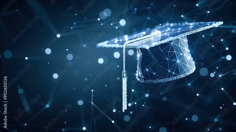 Glowing graduation cap created with low poly polygons, featuring a dark ...