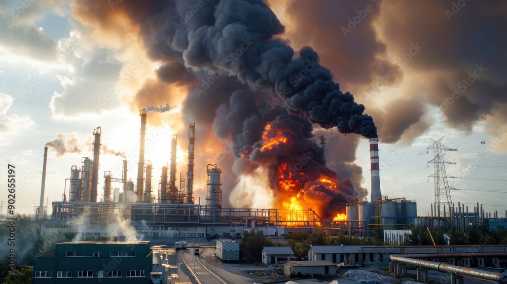 Fire raging through a chemical factory, with smoke plumes visible from ...