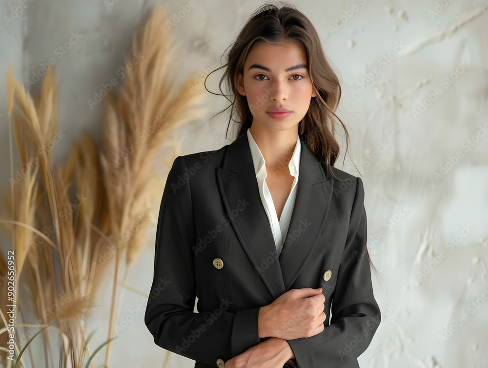 Fashion model confidently poses in a sleek business suit and matching ...