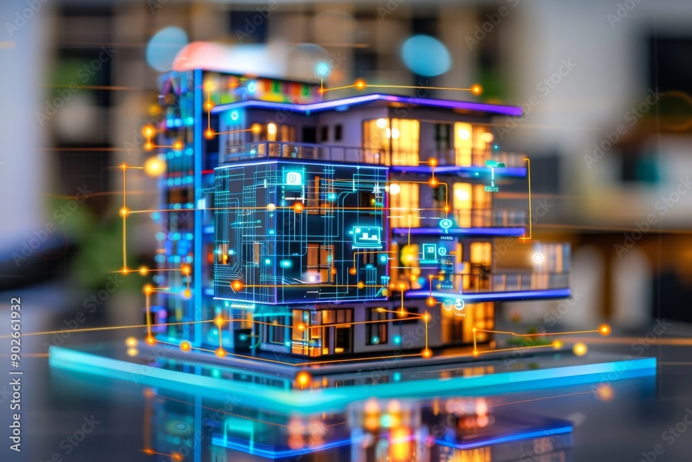 High tech building model with blue lights highlighting digital ...
