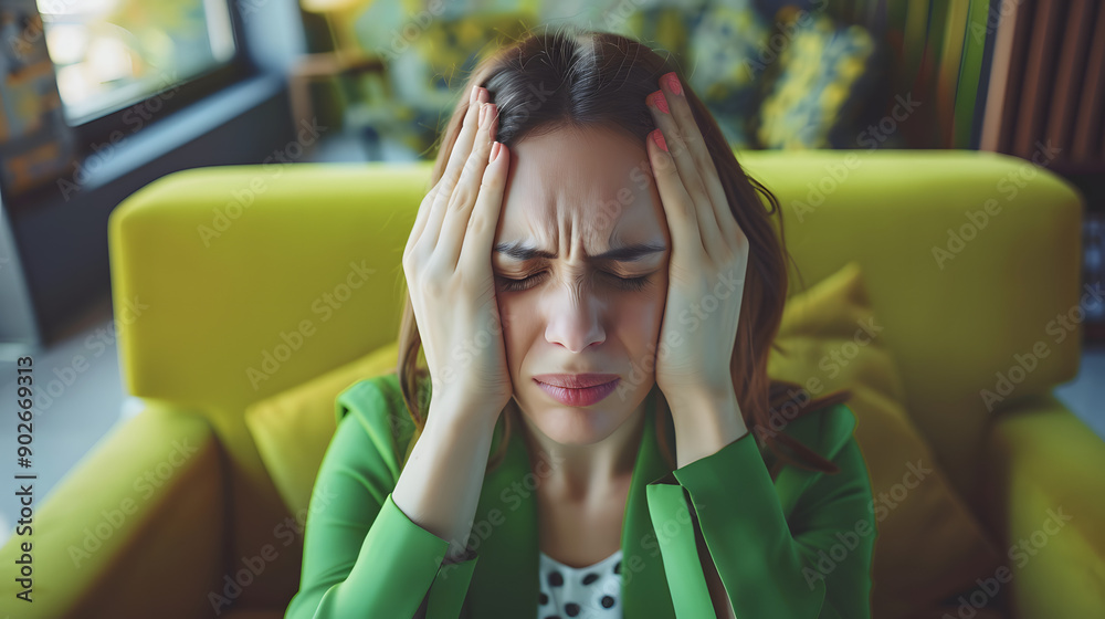 Beautiful woman suffering from a headache at home, with a blurred ...