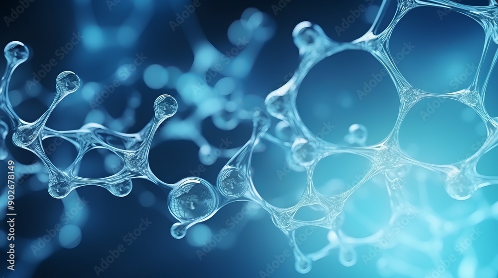 Abstract molecular structure and blue transparent liquid bubbles in a ...